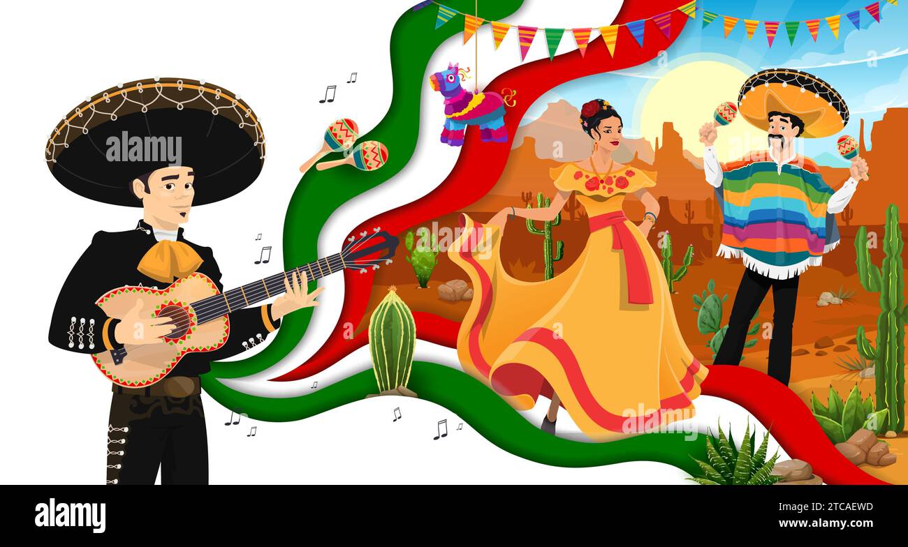 Mexican travel paper cut banner, with desert landscape, pinata and ...