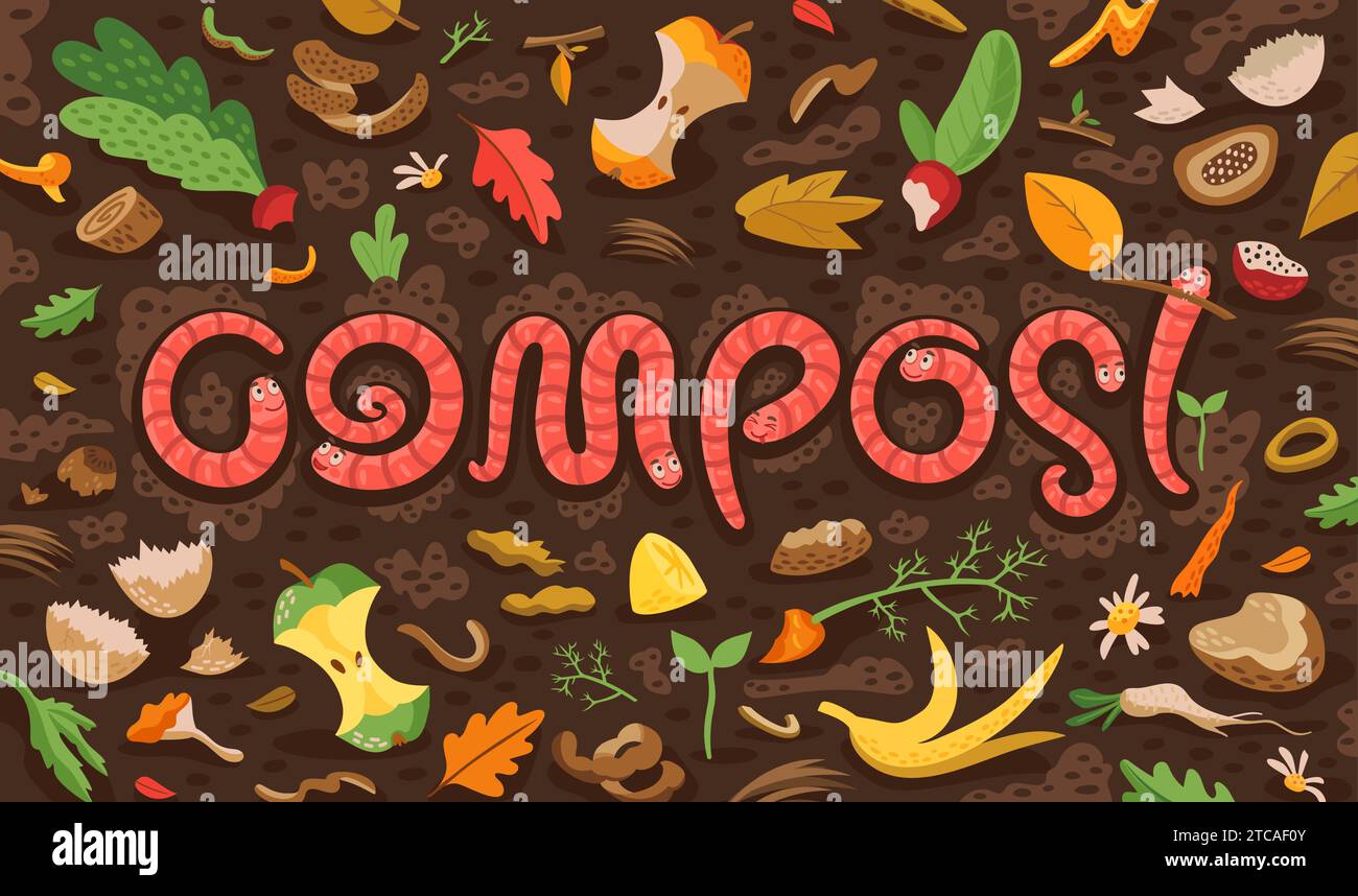 Funny cartoon earth worms in compost waste soil ground. Typography word ...