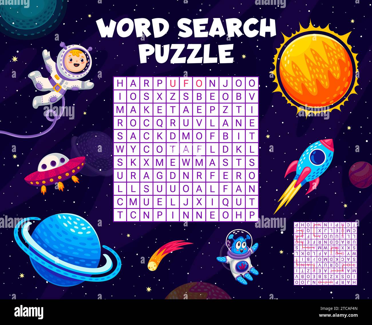 Word search puzzle game, astronaut and rocket between space planets ...