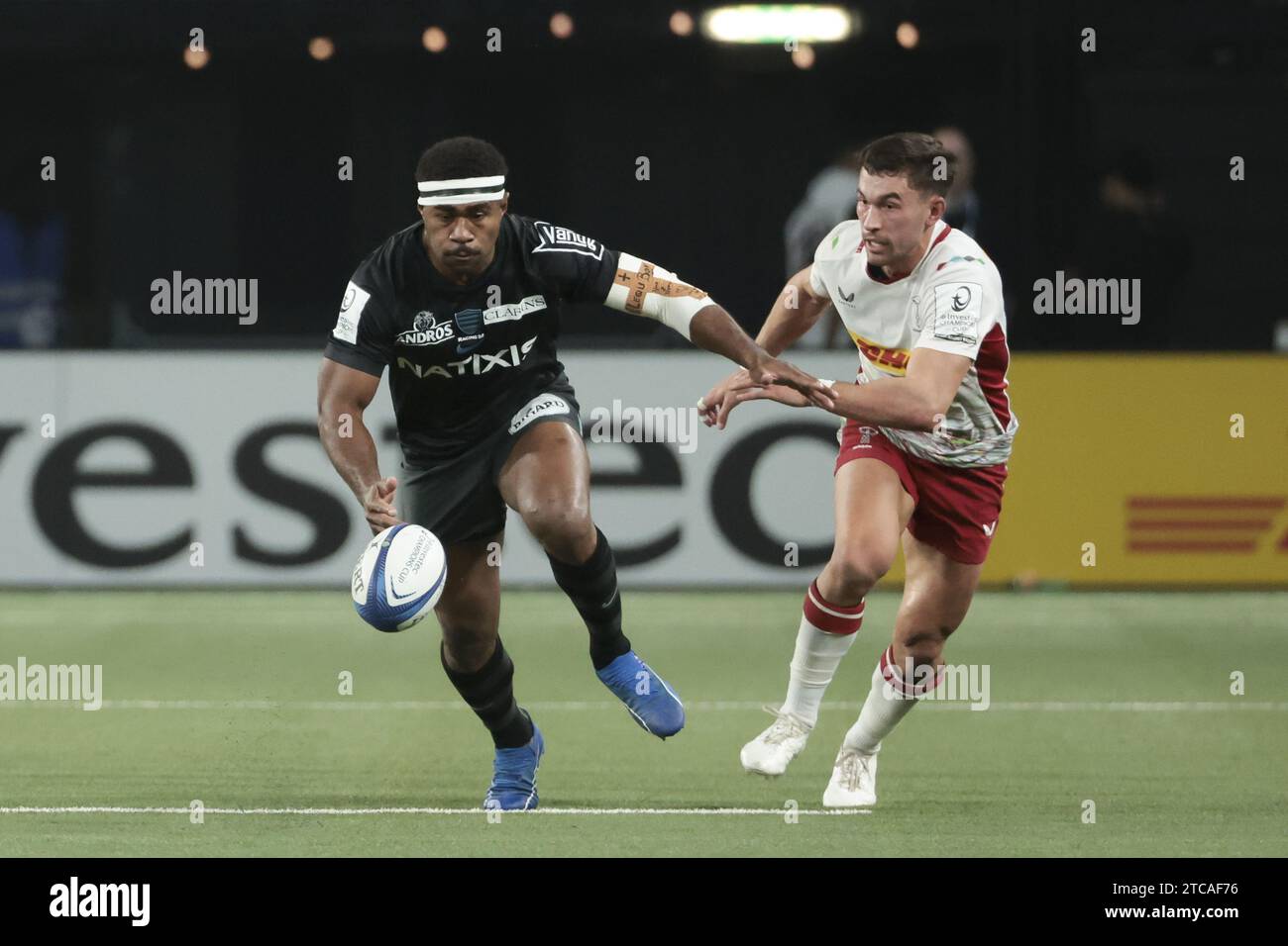 Vinaya Habosi of Racing 92, Nick David of Harlequins during the EPCR ...