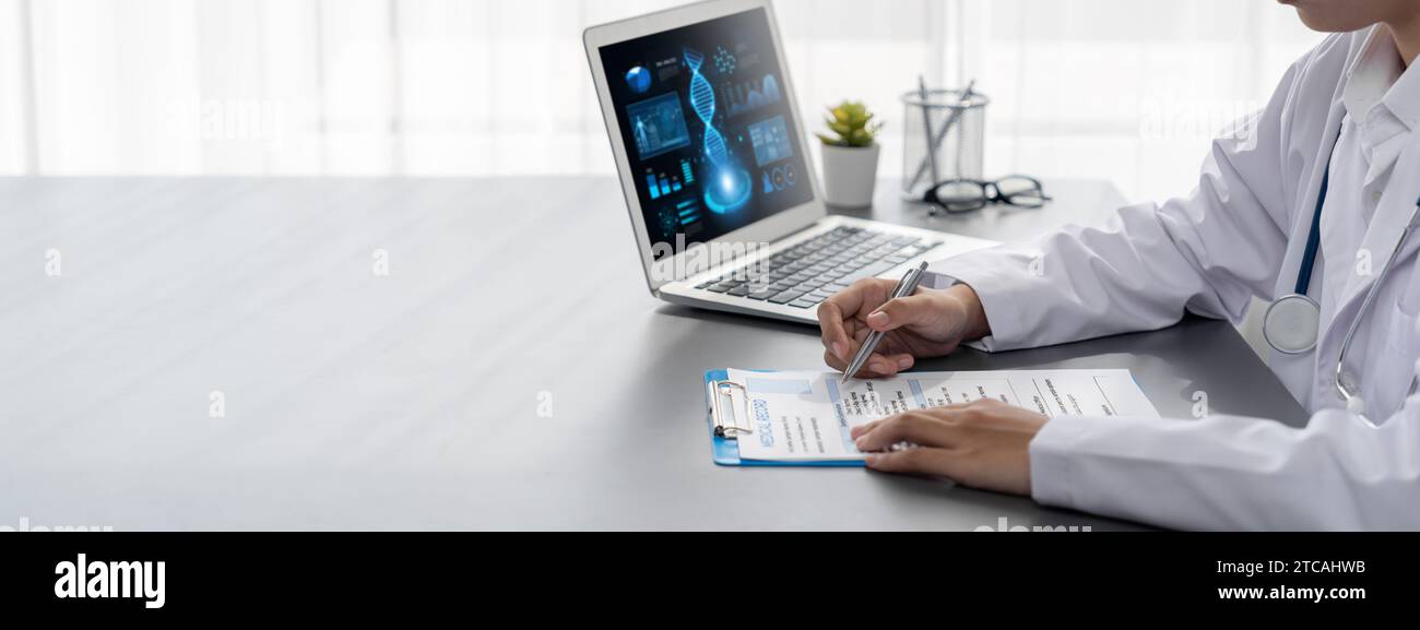 Doctor studying genetic disease in DNA research with laptop, analyze ...