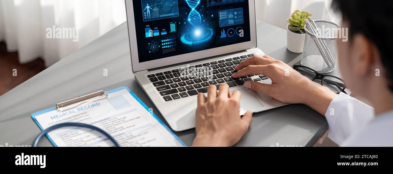 Doctor studying genetic disease in DNA research with laptop, analyze ...