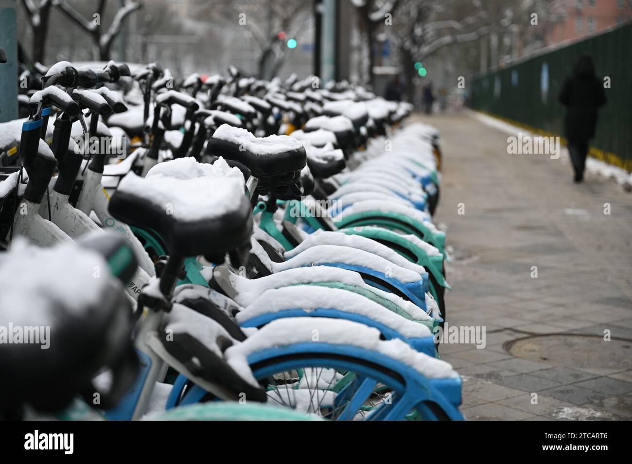 Peking, China. 12th Dec, 2023. Snow-covered rental bikes from several ...