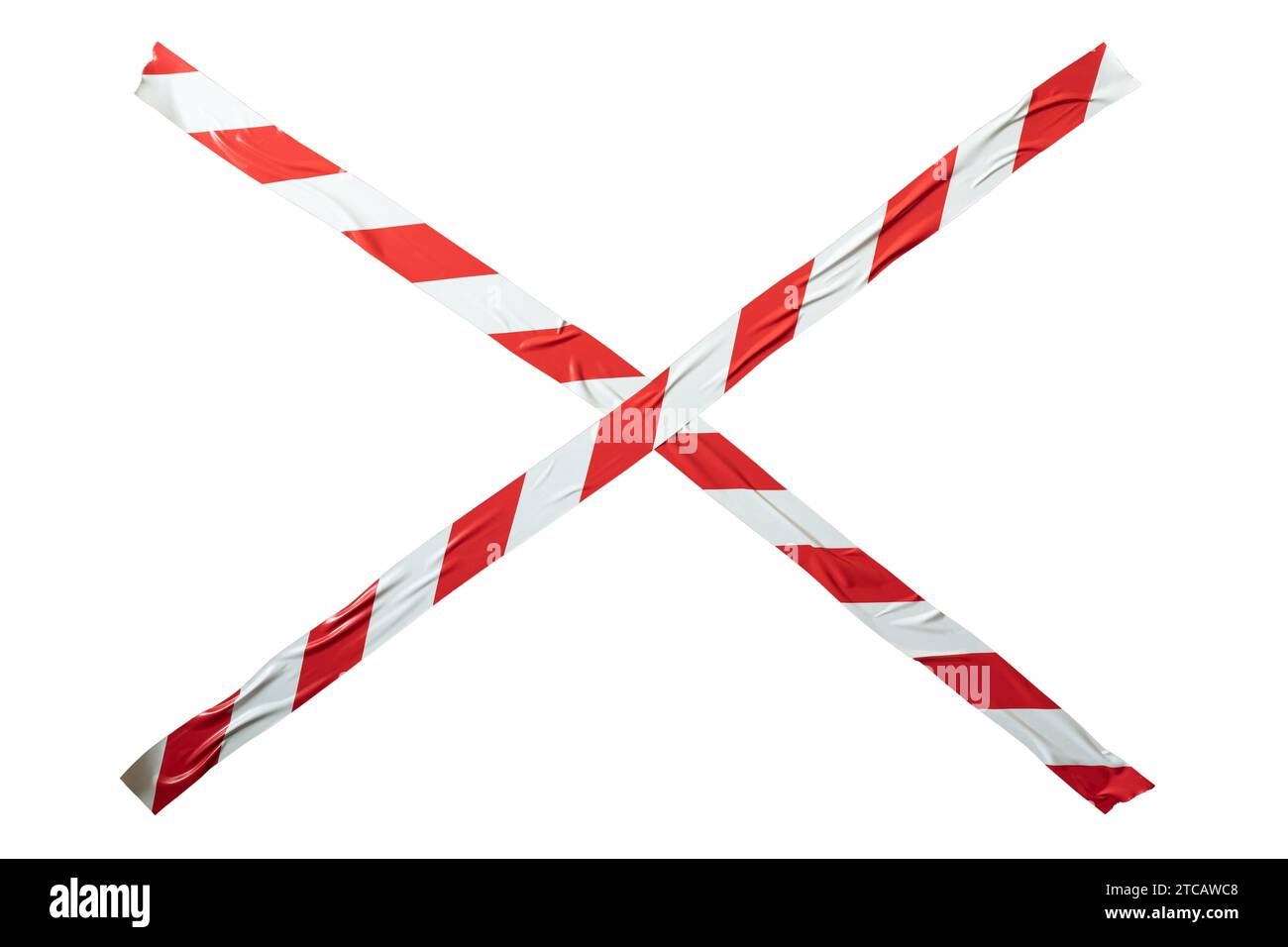 X shape made from red and white barricade tape on white background with ...