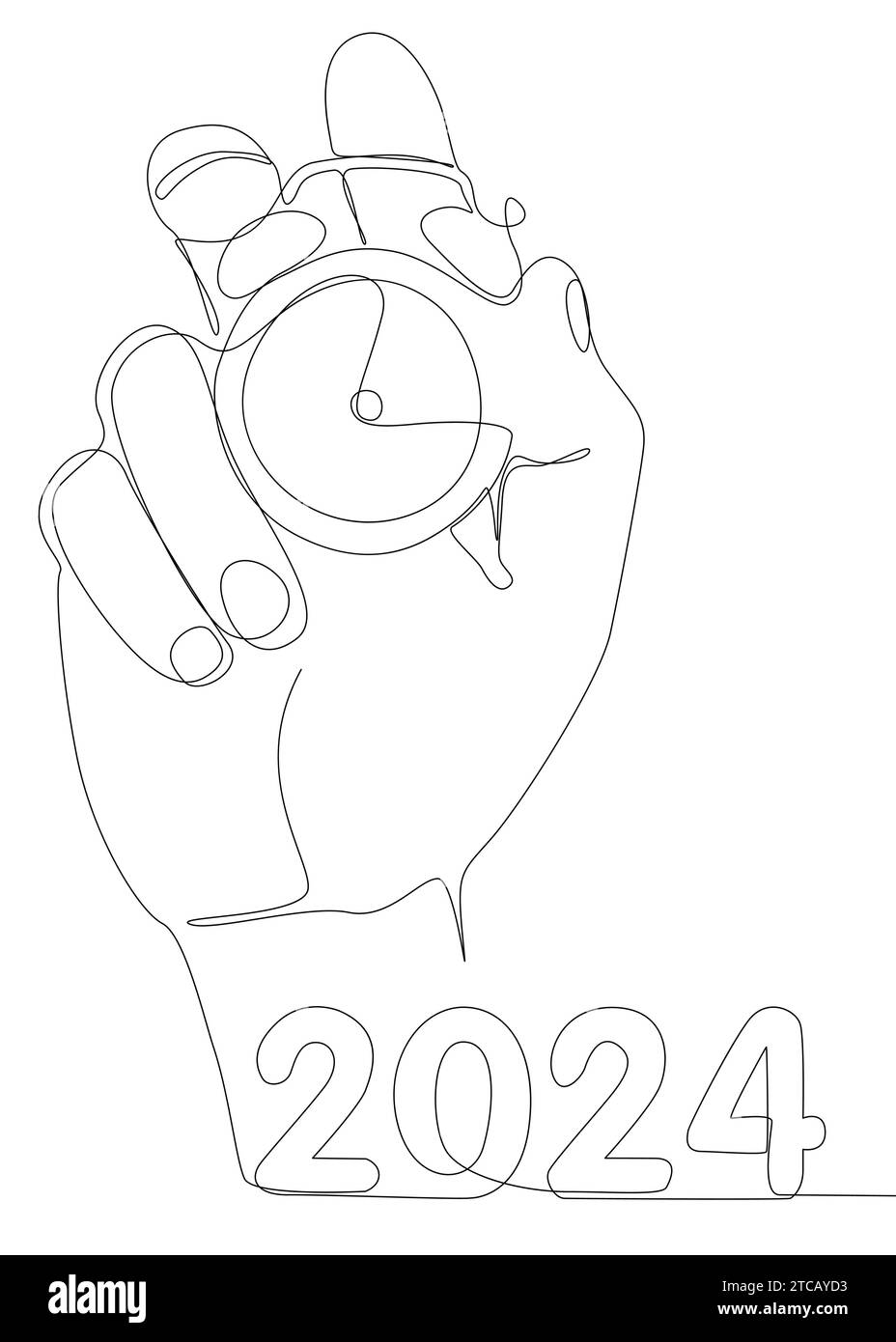One continuous line of alarm clock with the number 2024. Thin Line holiday Illustration vector ...