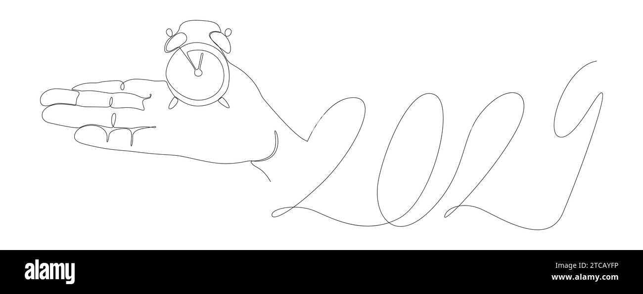 One continuous line of alarm clock with the number 2024. Thin Line holiday Illustration vector ...