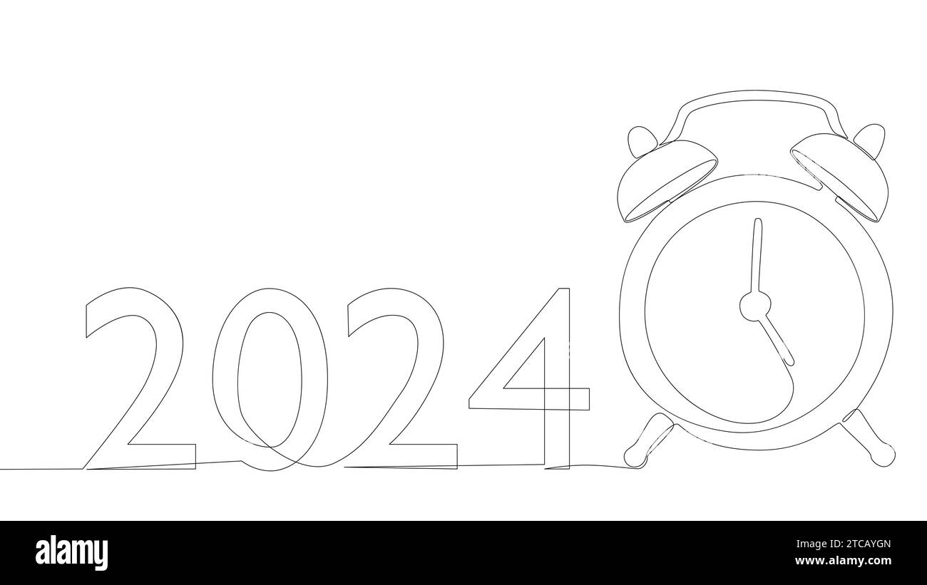 One continuous line of alarm clock with the number 2024. Thin Line holiday Illustration vector ...
