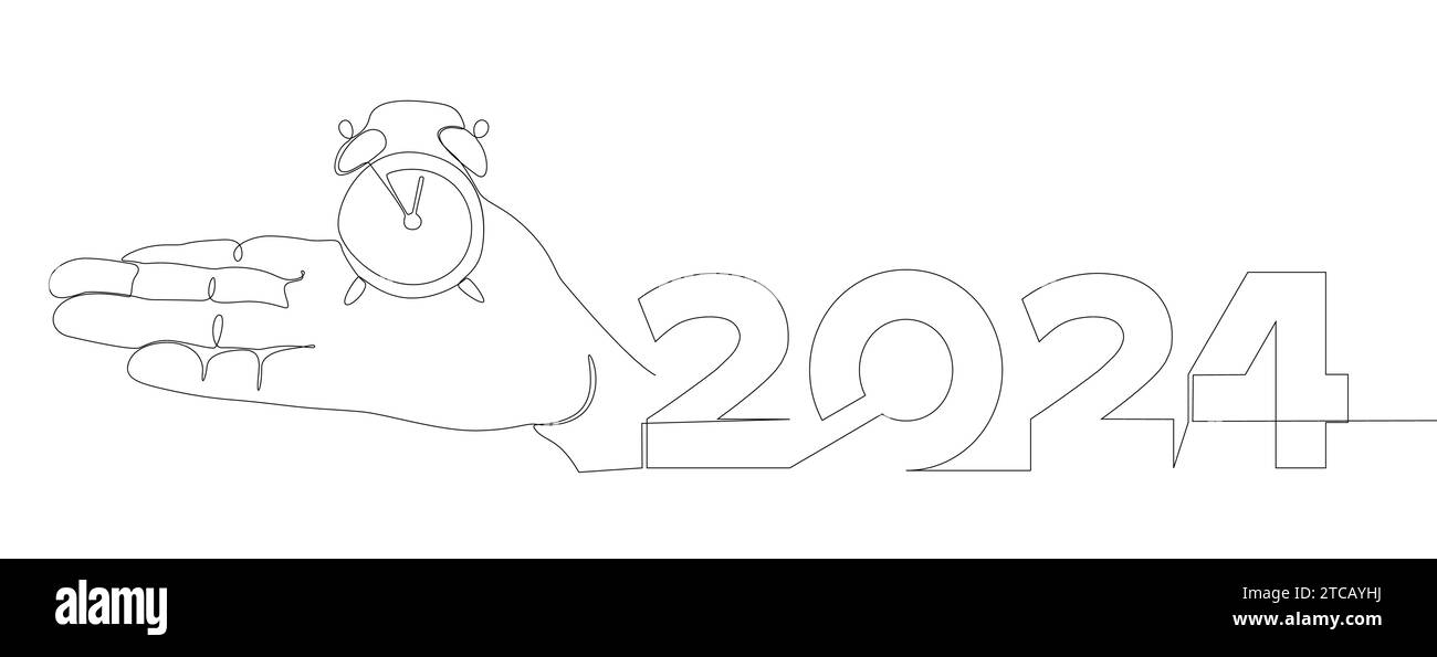 One continuous line of alarm clock with the number 2024. Thin Line holiday Illustration vector ...