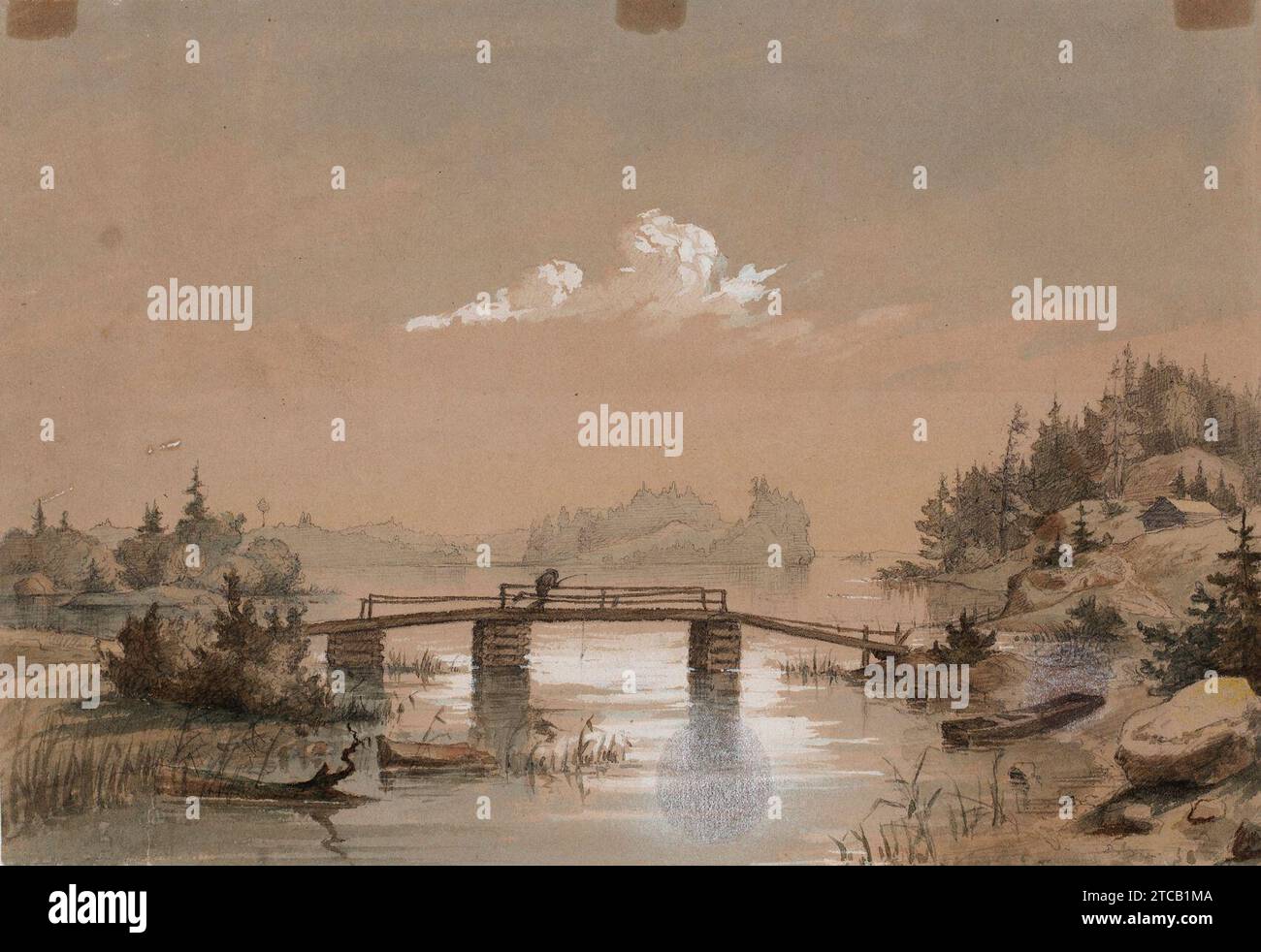 Werner Holmberg - Lake Landscape, Man Angling on a Bridge Stock Photo ...