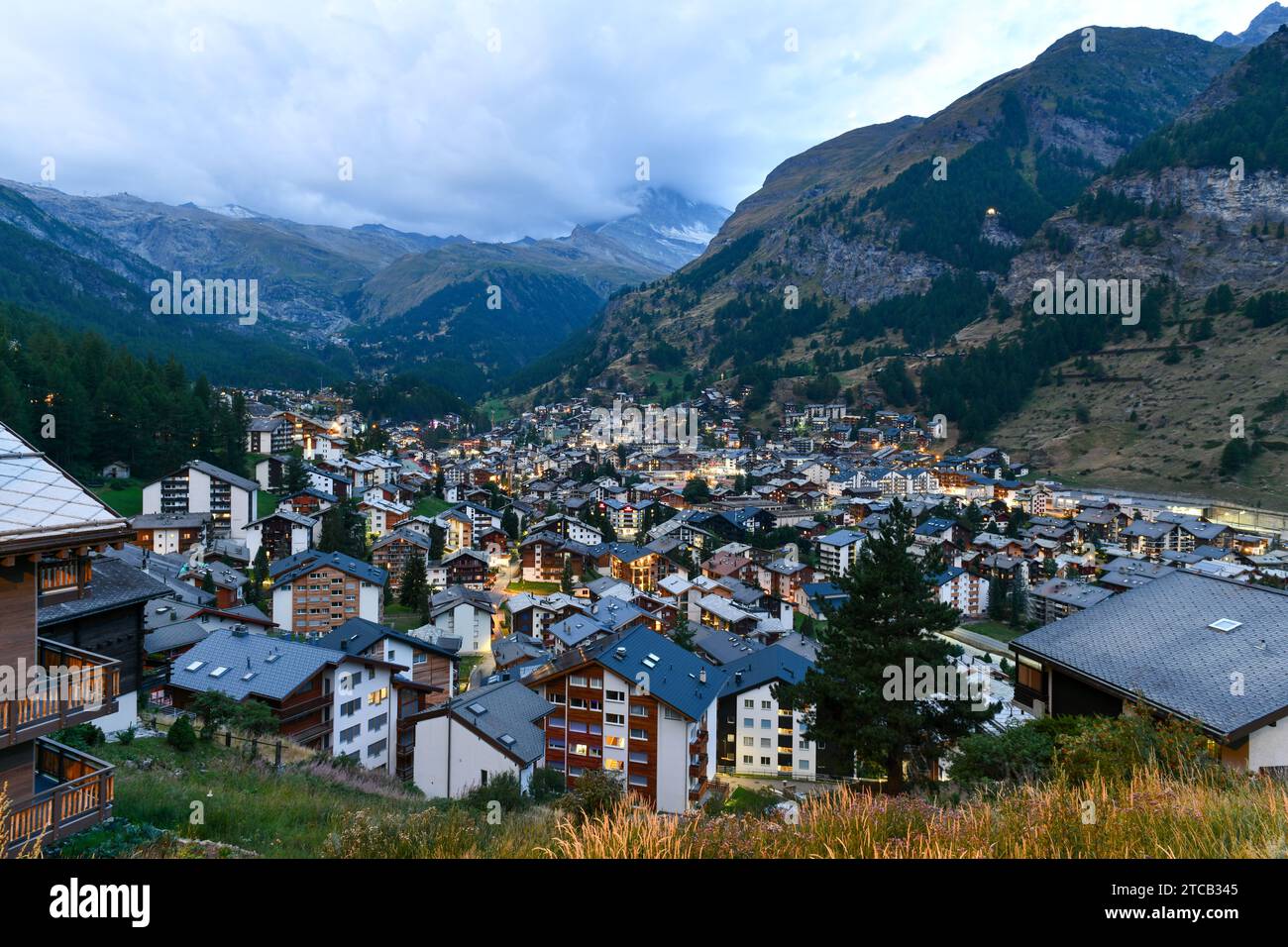 Zermatt town and Matterhorn mountain aerial panoramic view in the ...