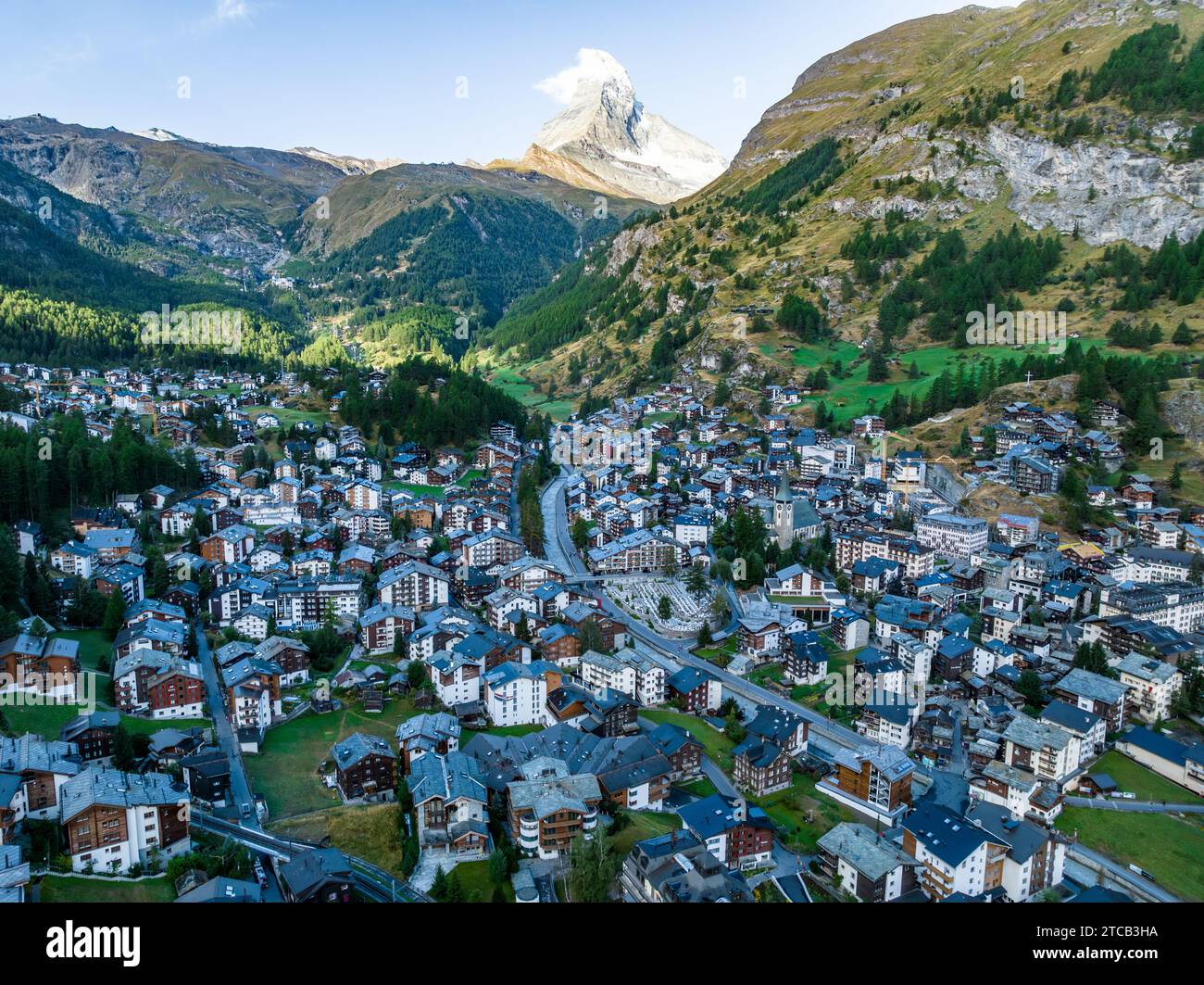 Zermatt town and Matterhorn mountain aerial panoramic view in the ...