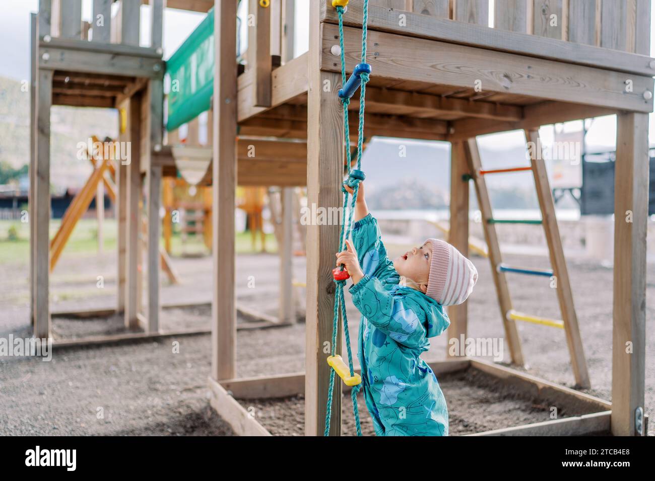 Little girl reaching up to the top rung of the rope ladder in the ...