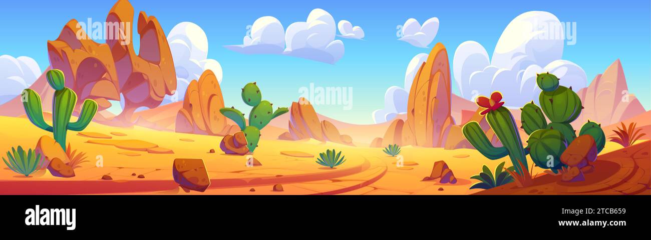 Arizona dry desert landscape with red rocks, cliff mountains and cactus ...