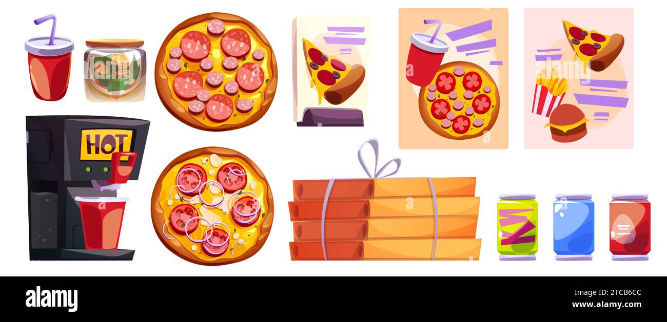 Fast food restaurant design elements set isolated on white background ...