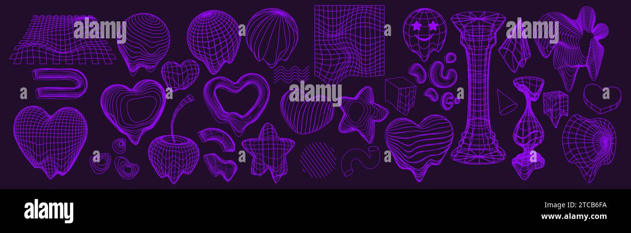 Y2k white purple abstract grid shape. Vector illustration set of bright ...