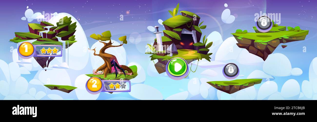Game ui level map with floating islands with river and waterfall, green ...
