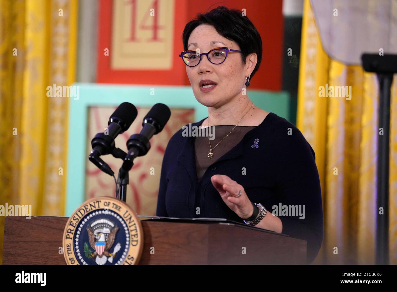 Rabbi Angela Buchdahl speaks during a Hanukkah reception with President ...