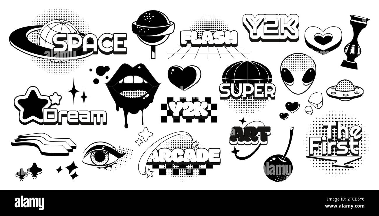 Black and white y2k stickers set isolated on background. Vector ...