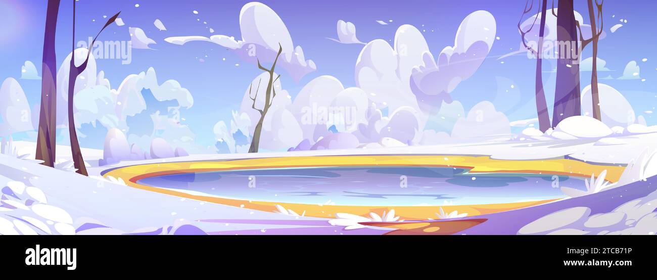 Winter landscape with bushes and trees around lake covered with snow ...