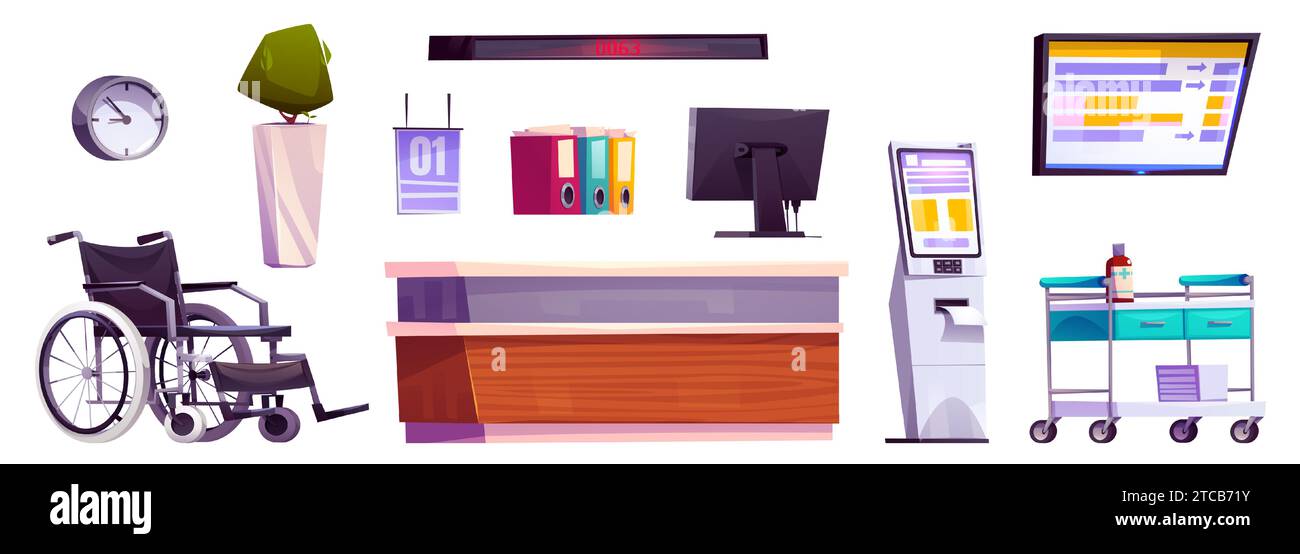 Hospital lobby design elements set isolated on white background. Vector ...