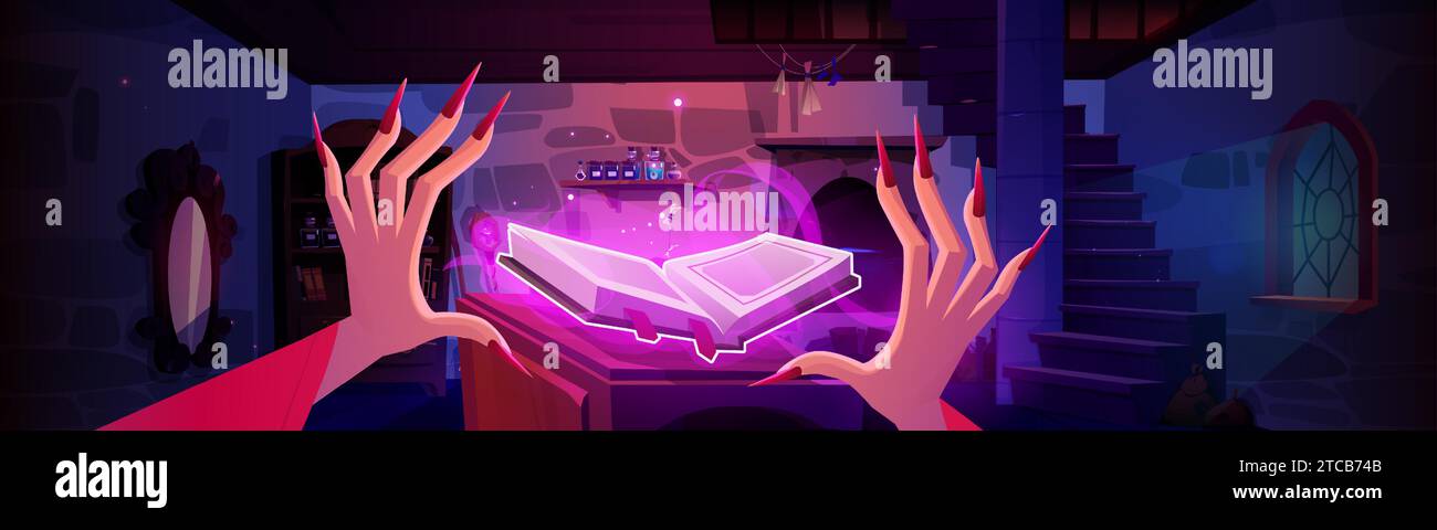 Witch hands conjure over magical flying glowing spell book with pink ...