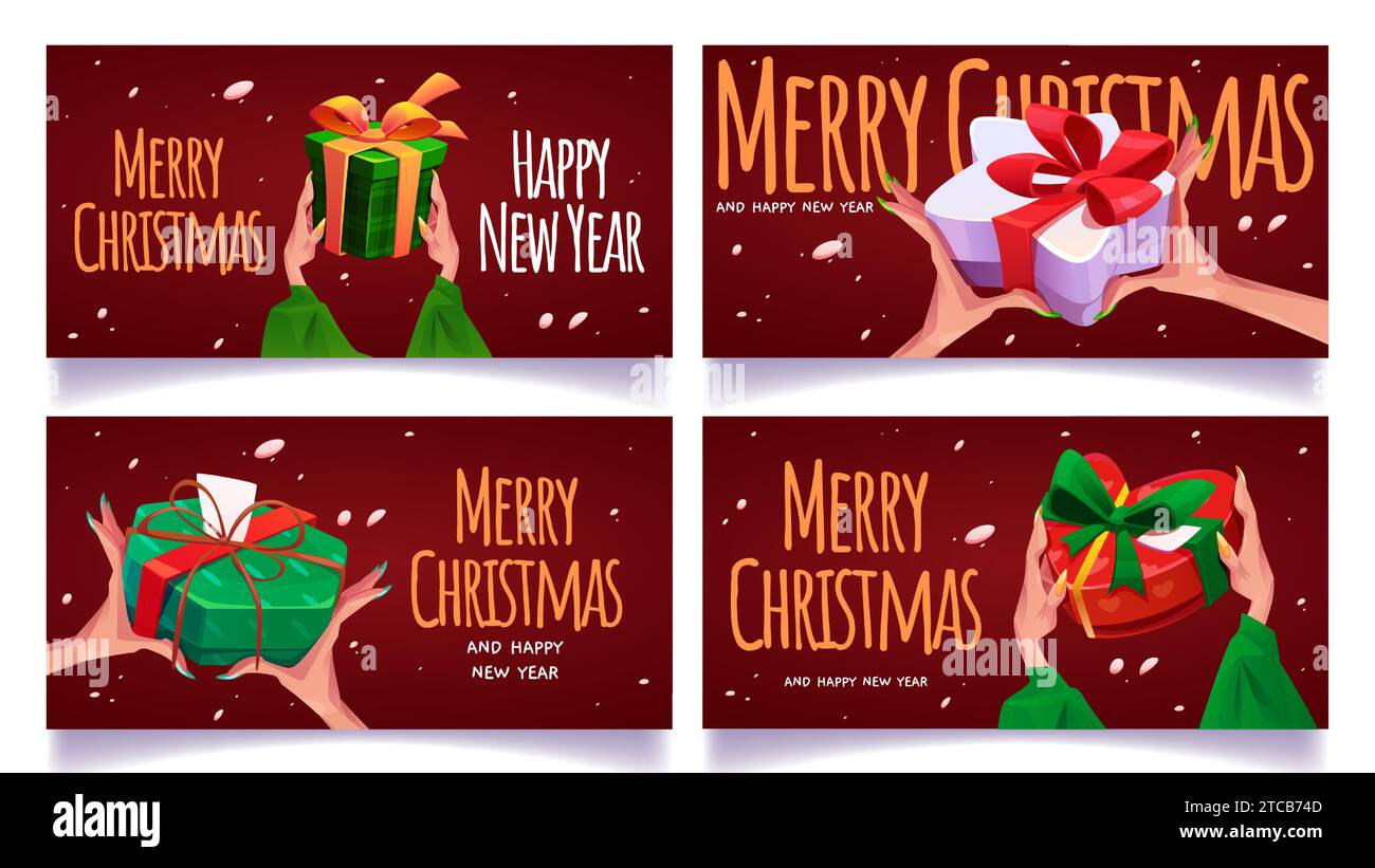 Christmas and New Year congratulation posters with women hands hold ...