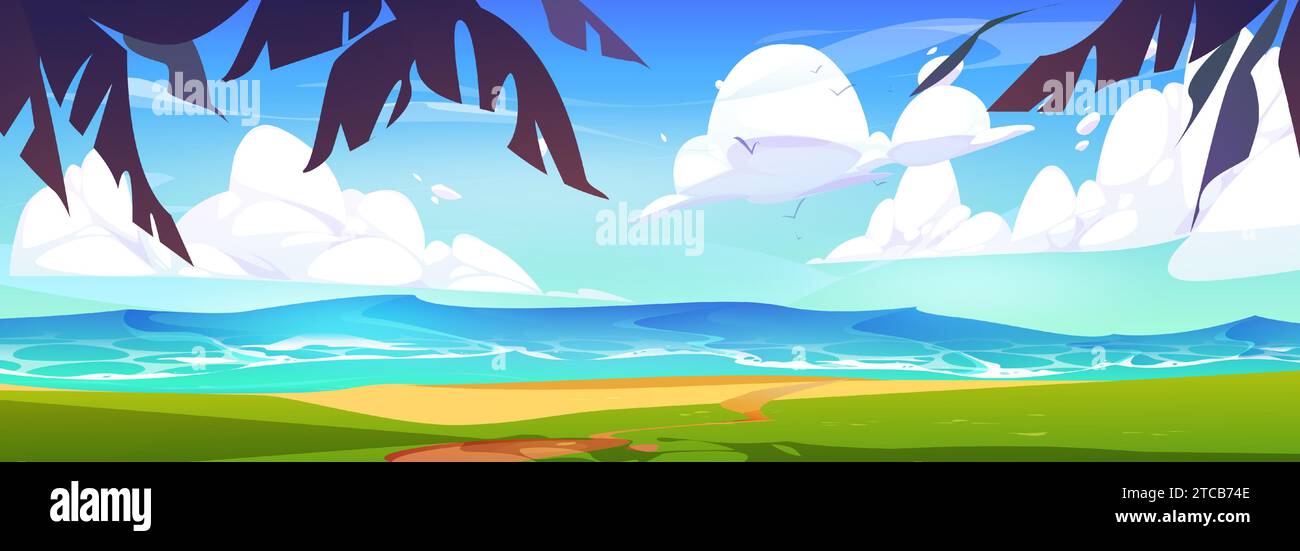 Sea beach landscape with palm trees. Vector cartoon illustration of ...