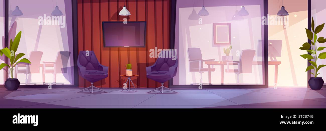 Modern workspace with glass wall - cartoon vector office room interior ...