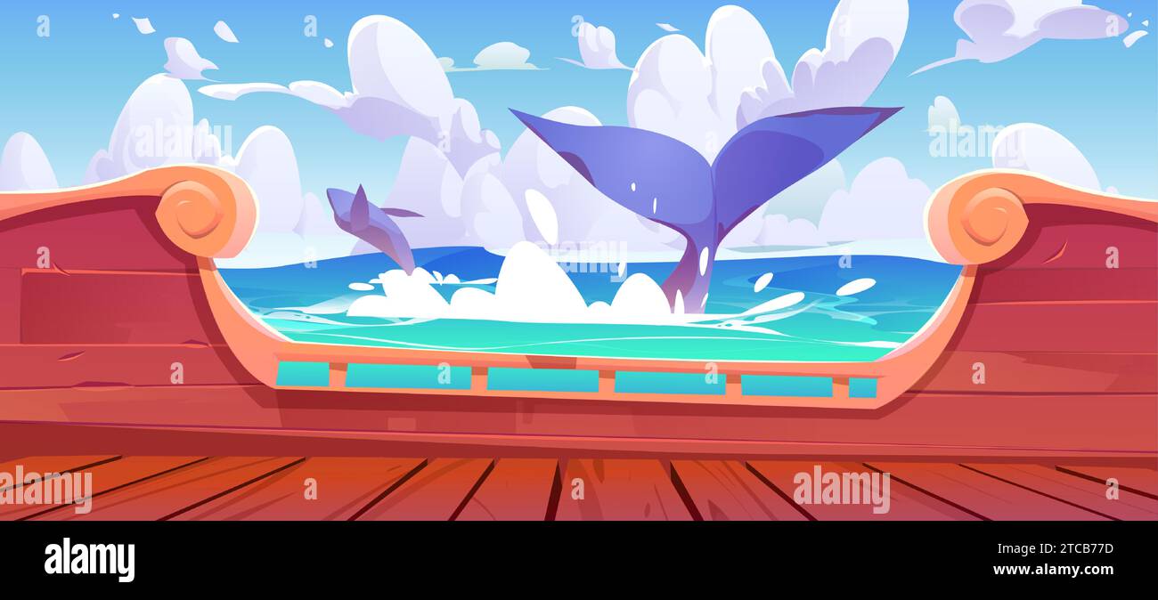 Whale tail splashing in ocean, view from ship board. Vector cartoon ...