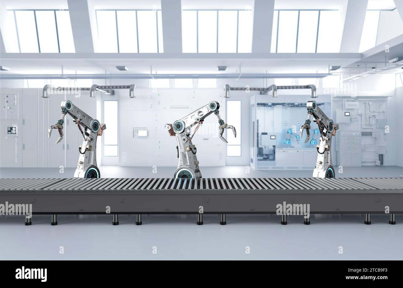 Automation industry concept with 3d rendering robot assembly line in factory Stock Photo - Alamy