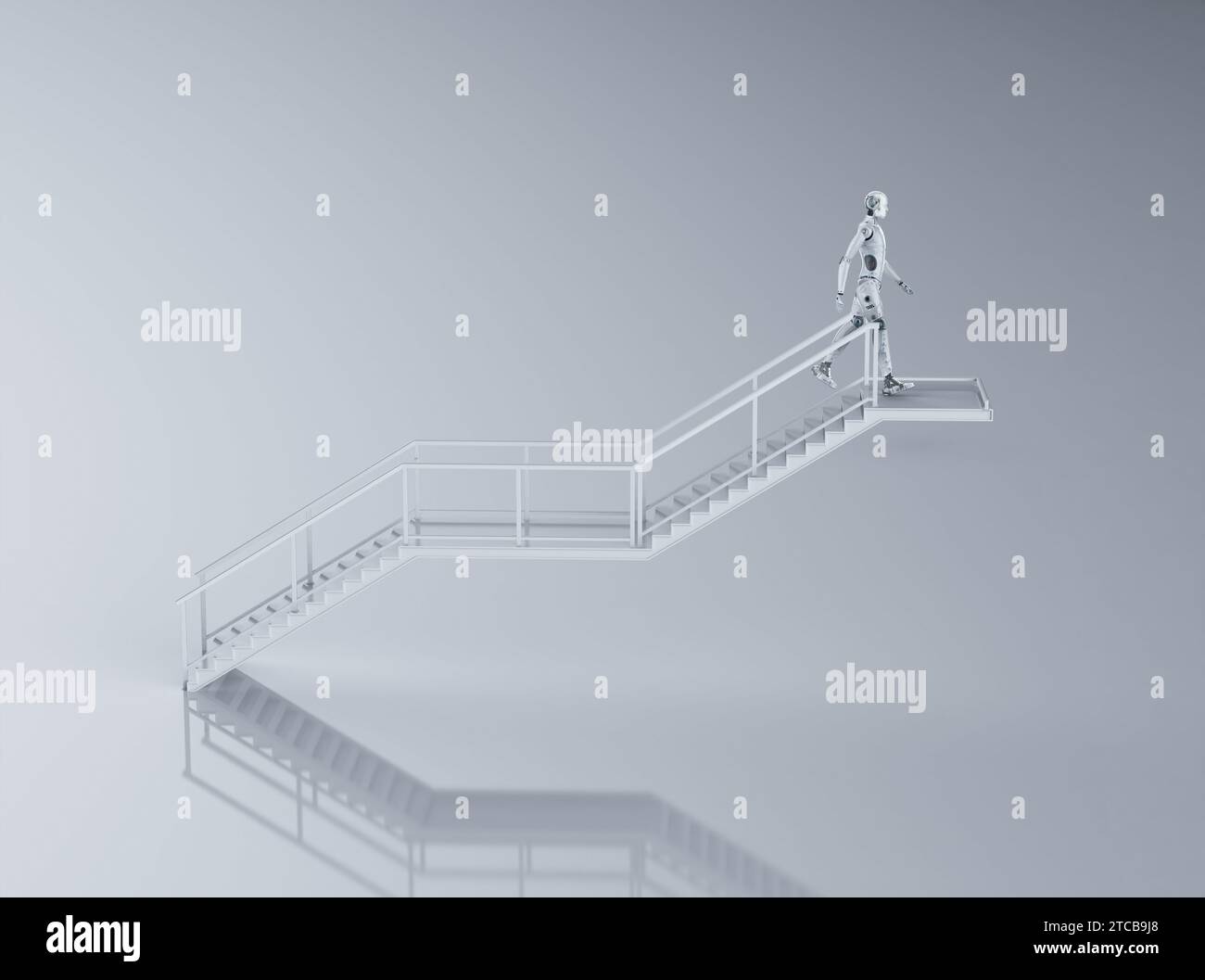 Technology development concept with 3d rendering robot climb or walk up ...