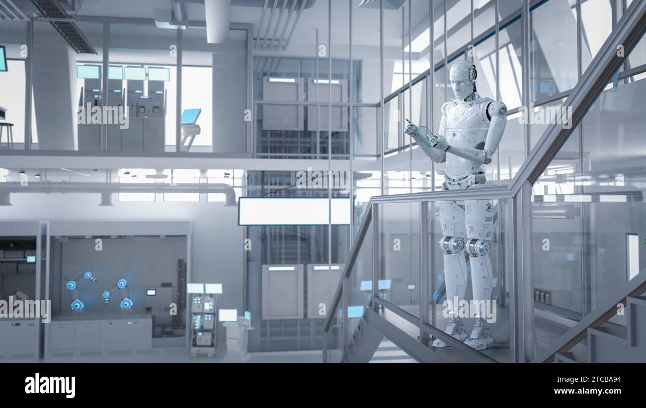 Automation factory concept with 3d rendering ai robot work in factory ...
