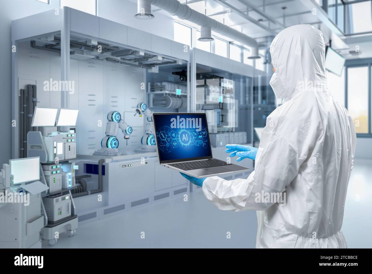 Worker or engineer wears protective suit or white coverall suit work in ...