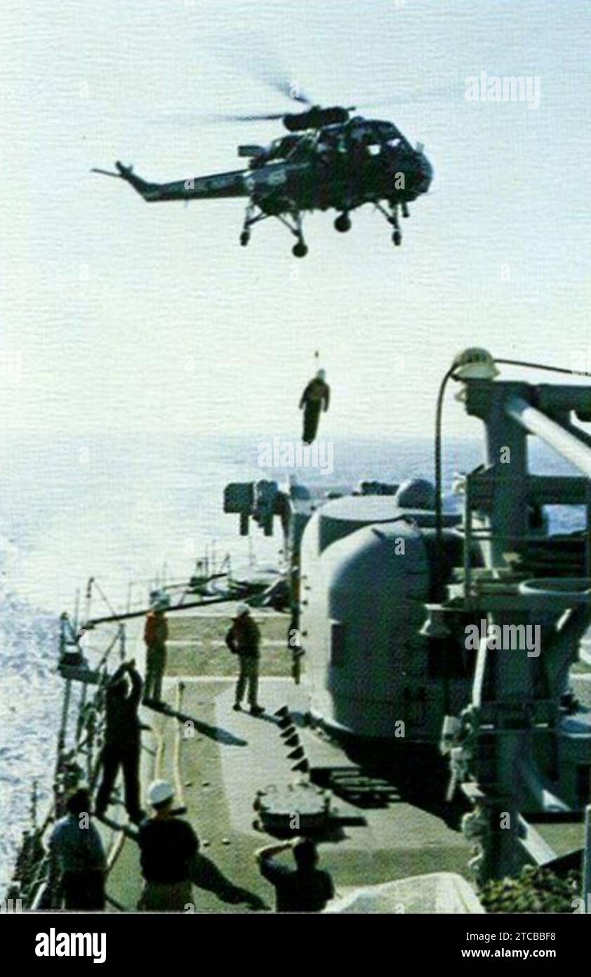 Westland Wasp of 829 NAS hovers over USS Charles F. Adams (DDG-2) in ...
