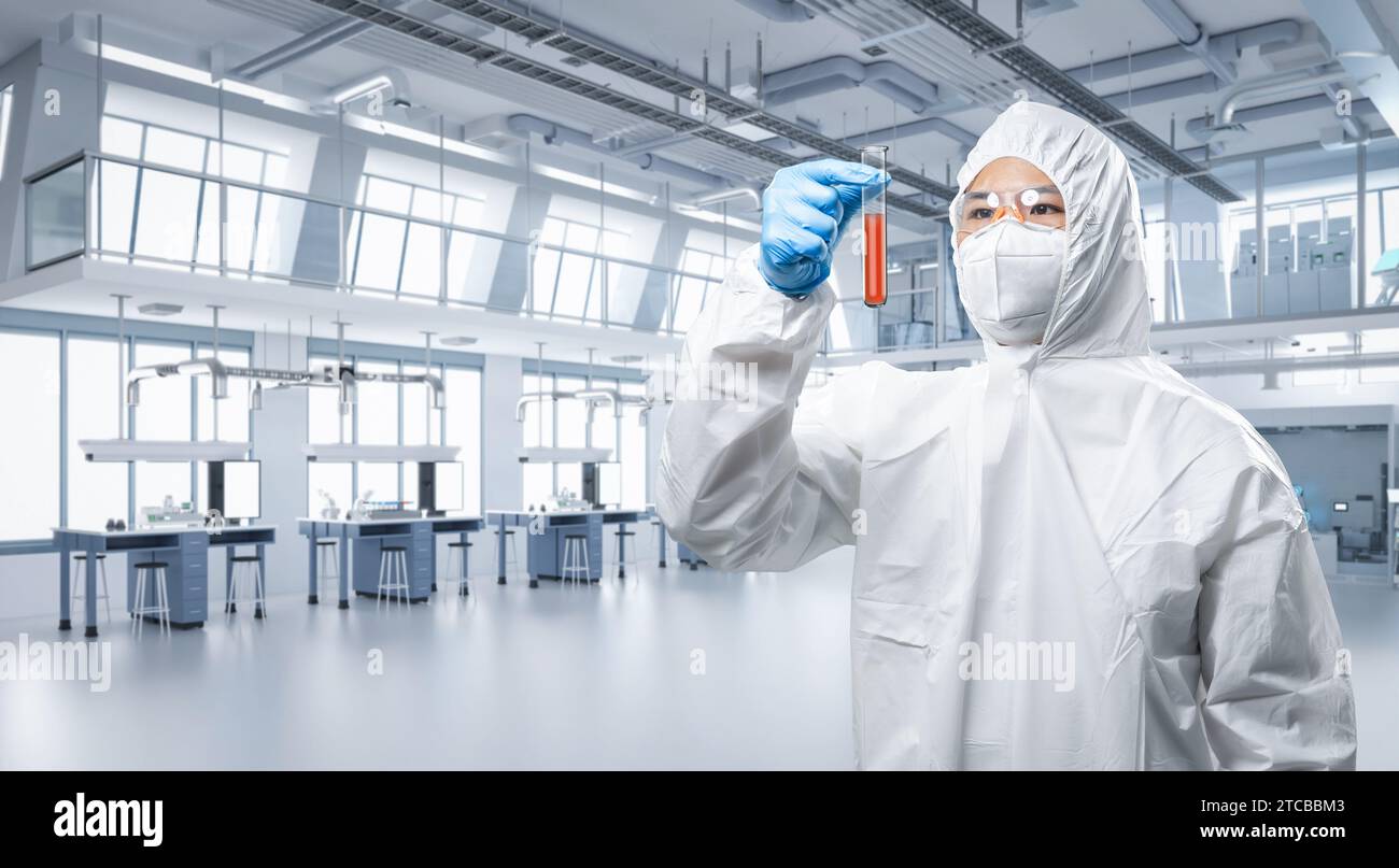 Worker or scientist wears medical protective suit or white coverall ...