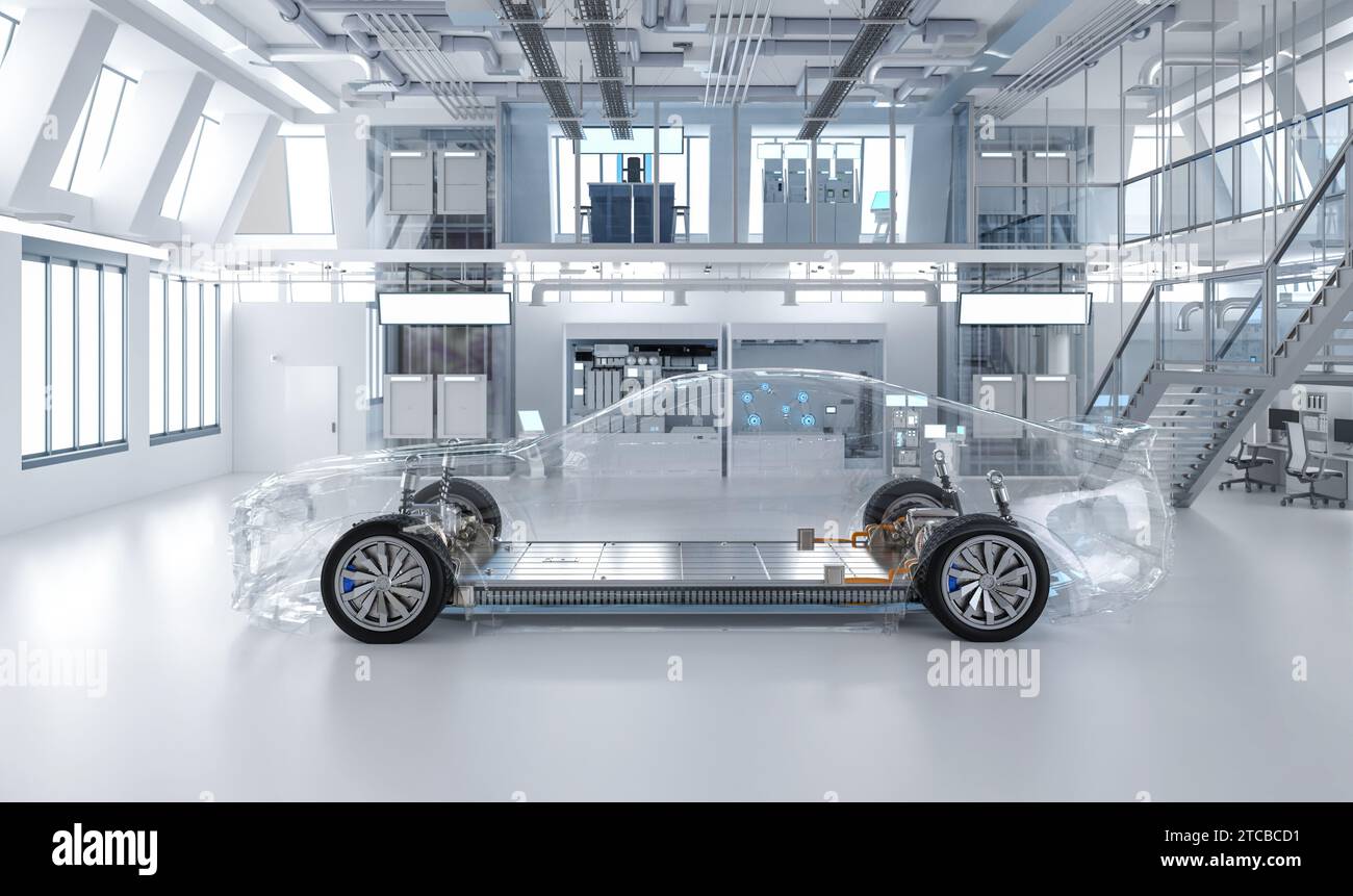 Electric car research and development with 3d rendering ev car with ...