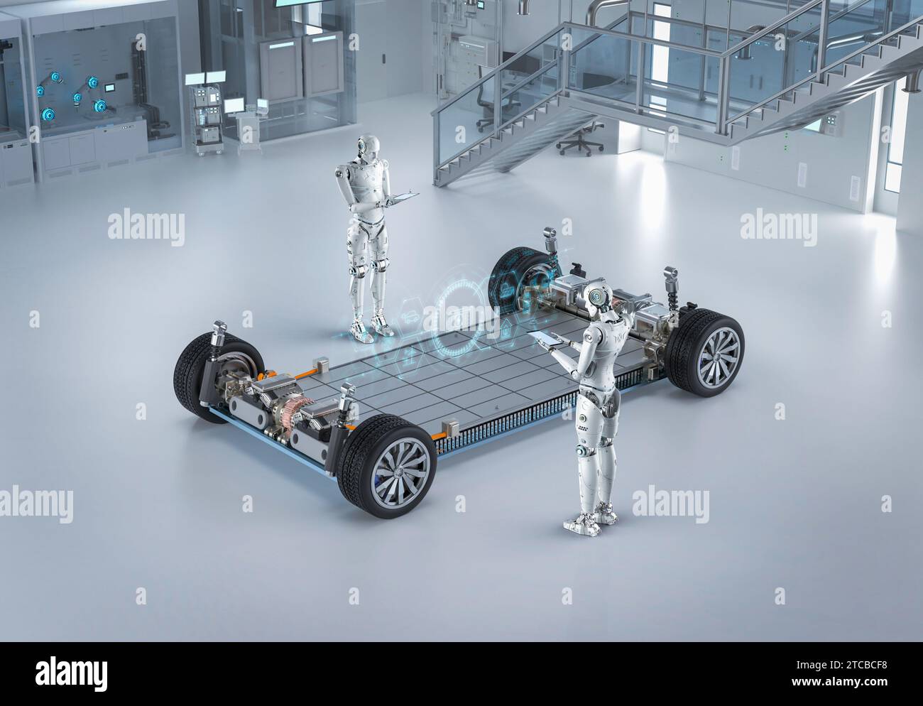 Electric car research and development with 3d rendering robot study ev ...