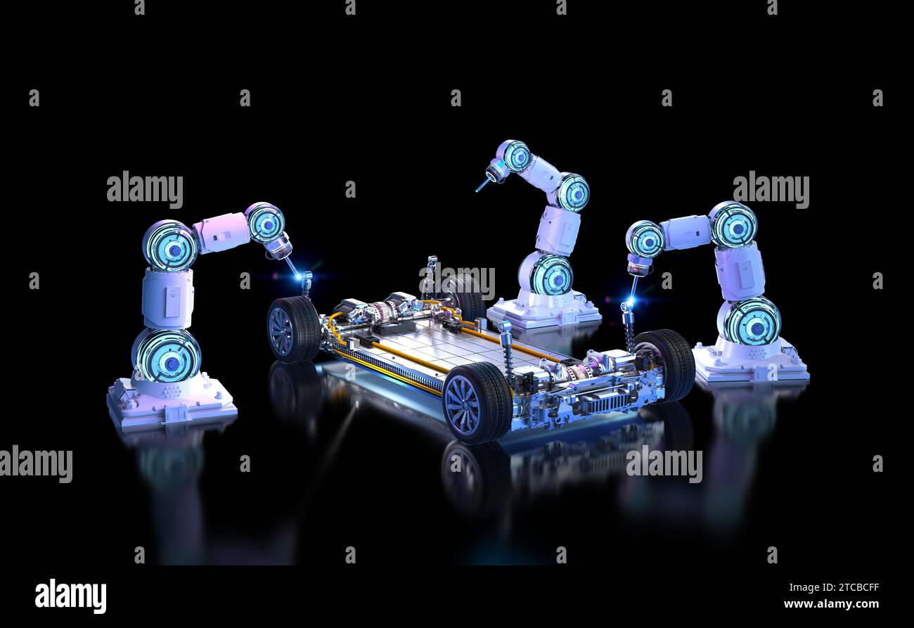 Automation automobile factory concept with 3d rendering robot assembly ...