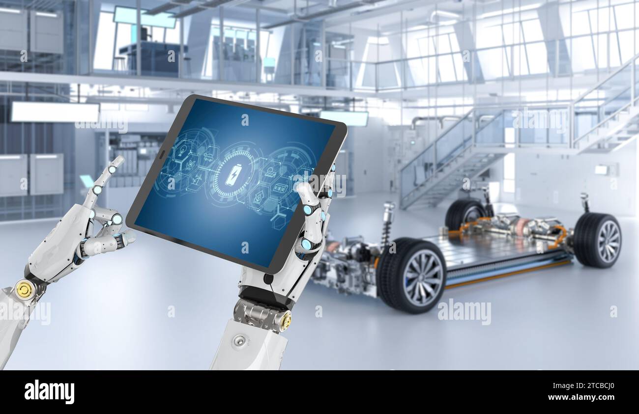 Electric car research and development with 3d rendering robot study ev ...