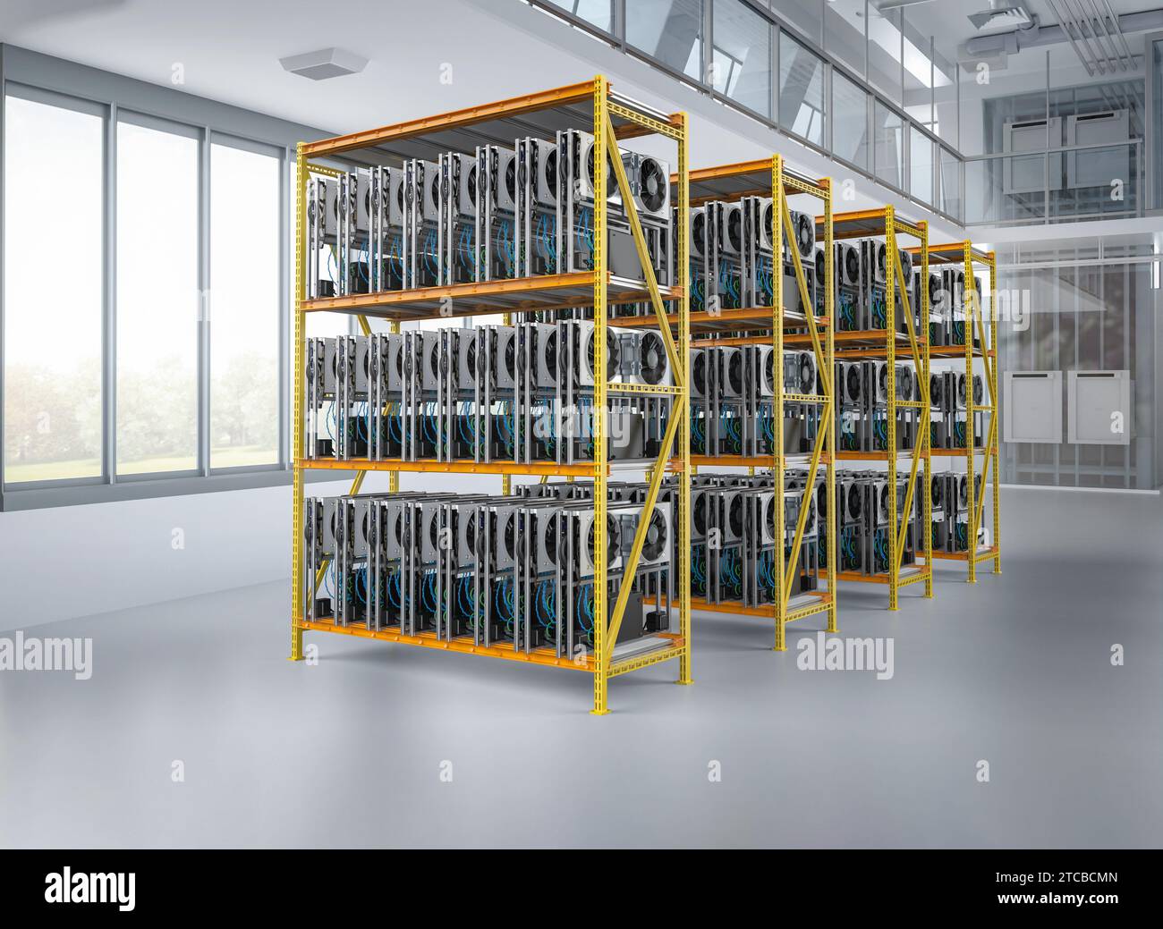 3d rendering crypto mining farm with graphic card or gpu rack in ...