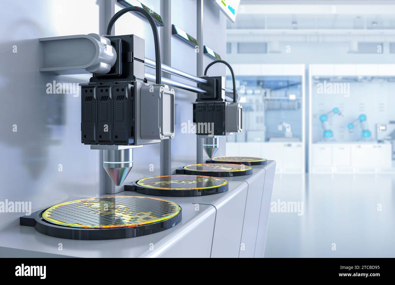 Semiconductor manufacturing with 3d rendering robotic arms and silicon wafers Stock Photo - Alamy