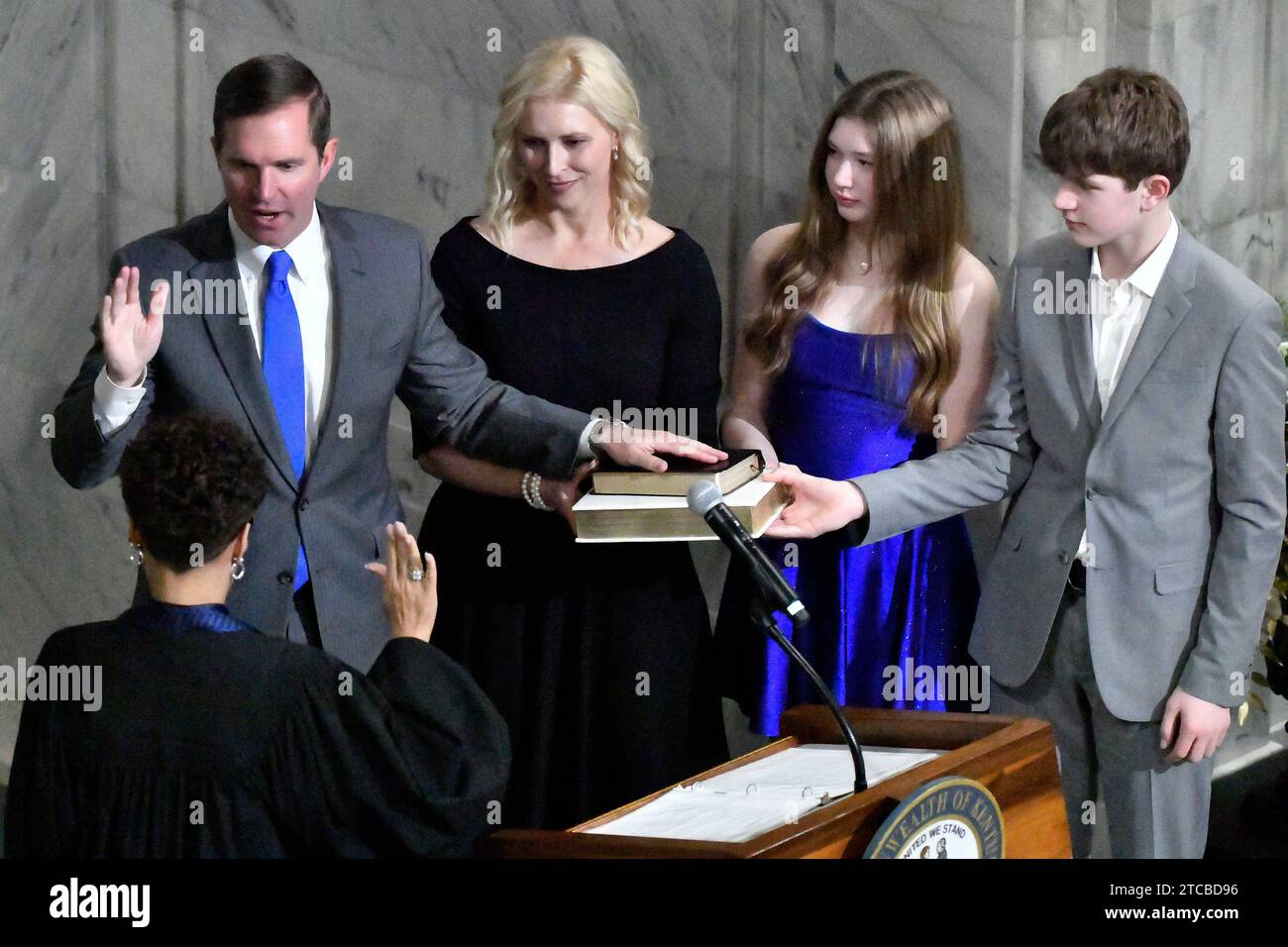 From left, Kentucky Gov. Andy Beshear, his wife, Britainy Beshear, his ...