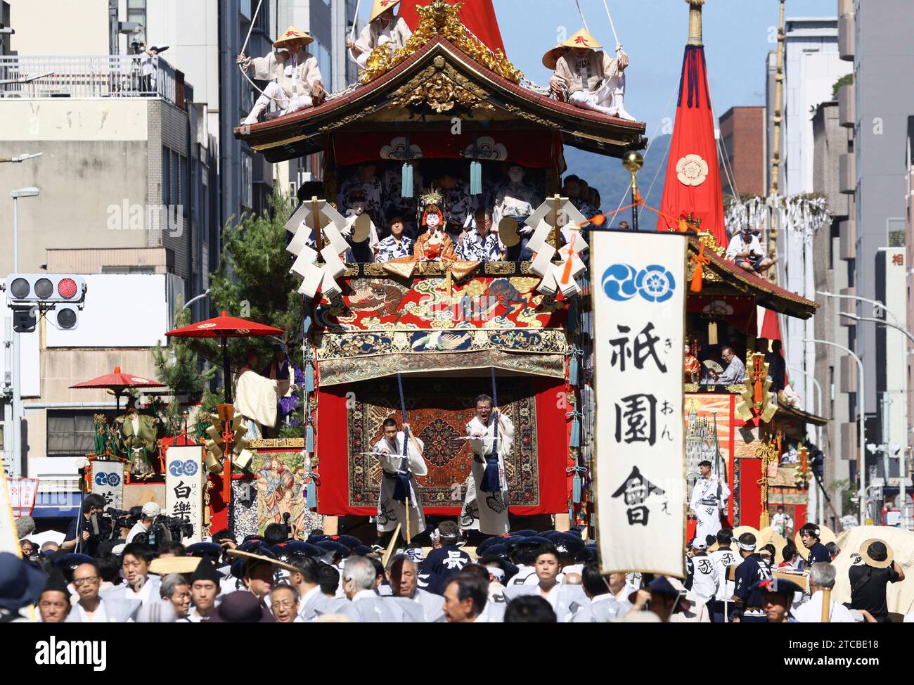 A picture shows Yamaboko Junko (float parade) of the Gion Festival in Kyoto on July 7, 2023 ...