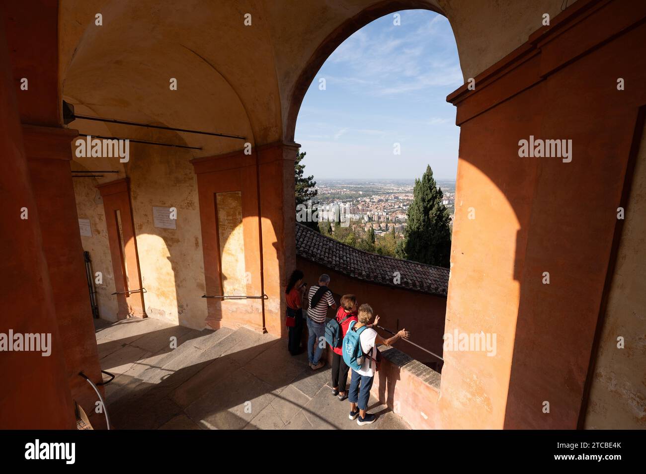 Bologna, Italy. 14th Oct, 2023. Visitors look out over Bologna from the ...