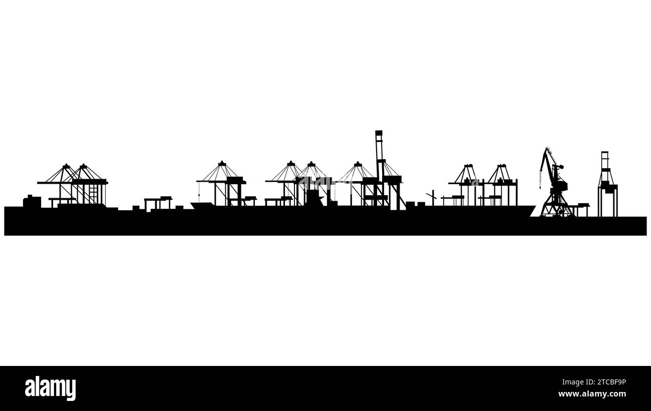Cargo port silhouette with cranes isolated on white background ...