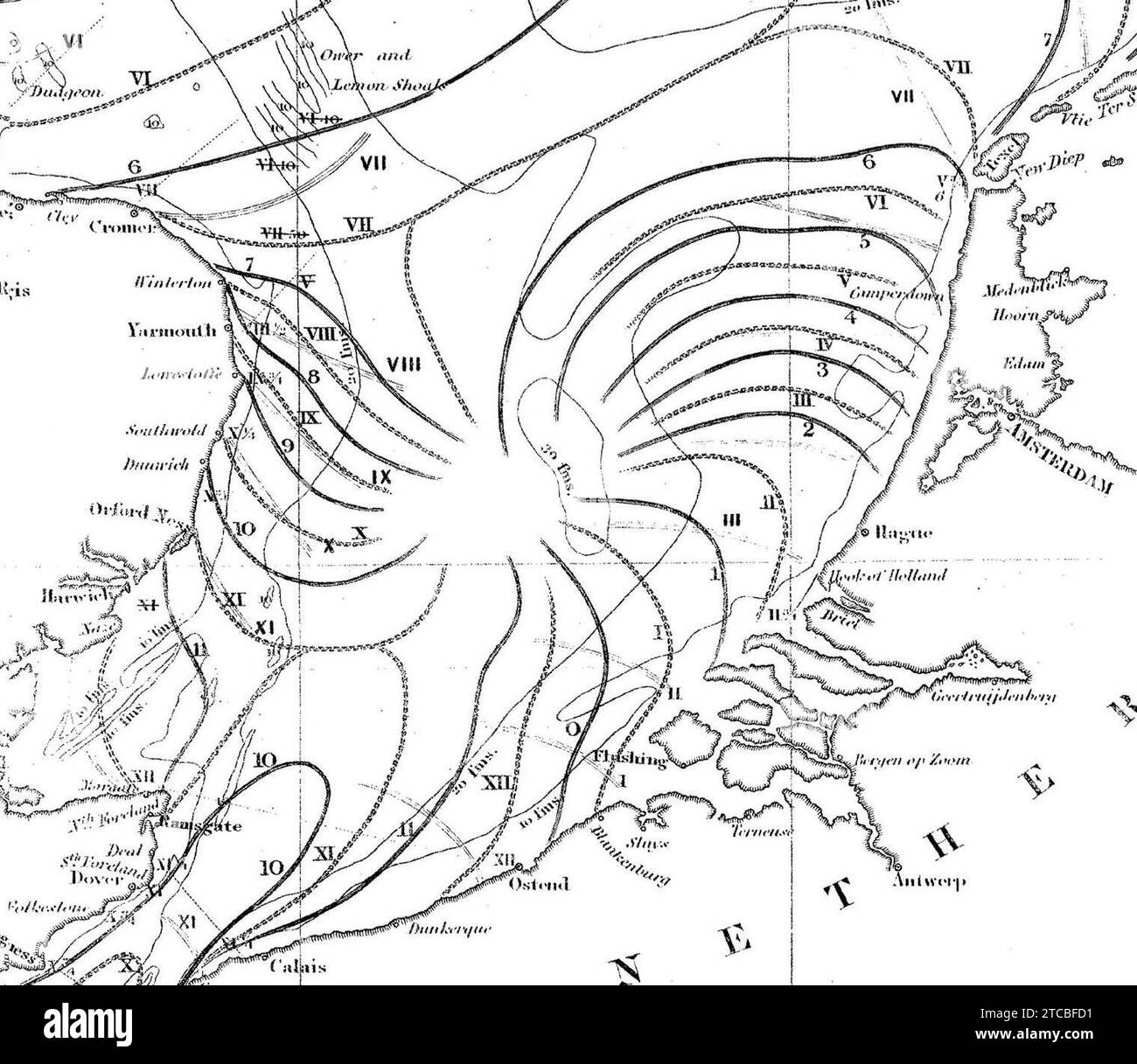 Whewell tidal chart Britain and Ireland 1836 amphidromic point southern ...