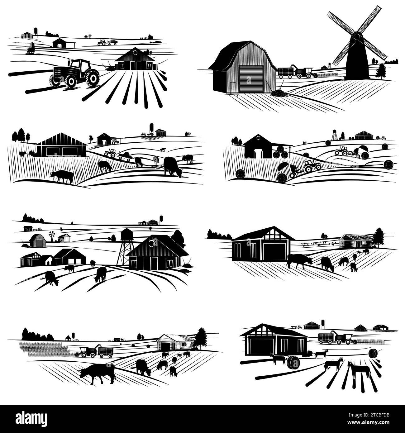 Set of silhouette scenes from farm life with fields, barns and ...