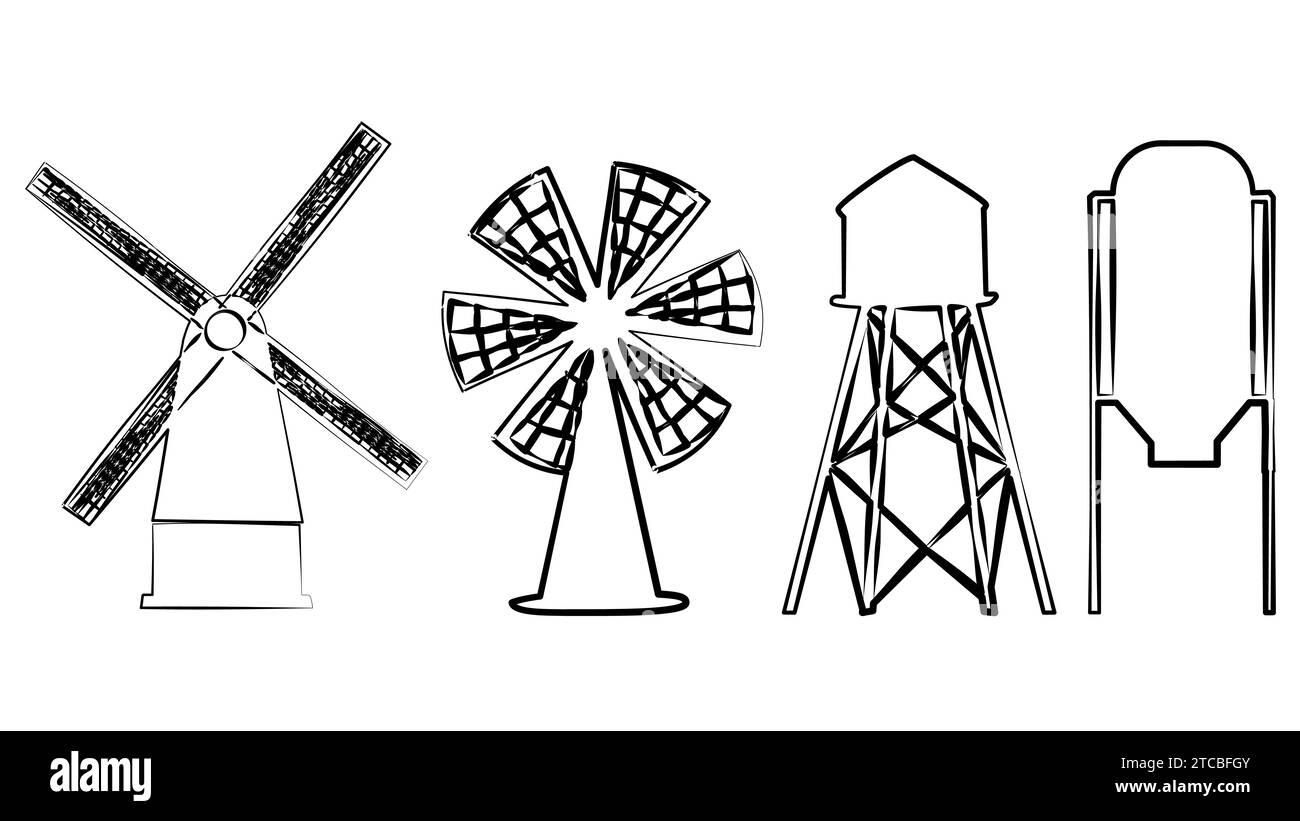 Set of farm buildings outline isolated on white background. Vector ...