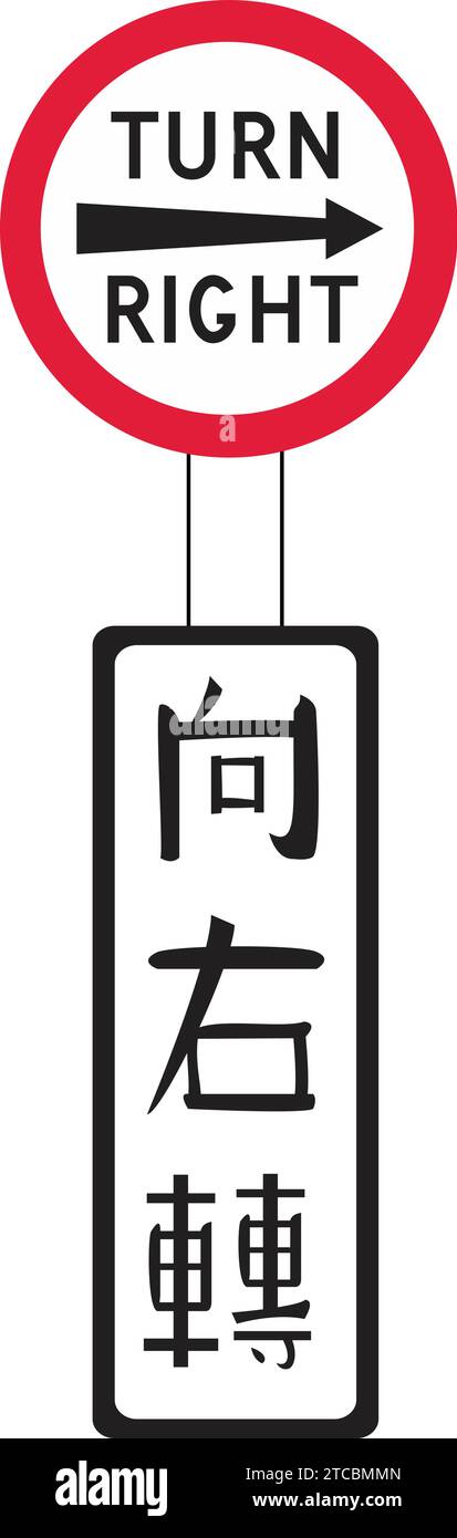 Hong Kong city traffic and road Temporary, Turn Right signs in bulk as a set. Asian Collection ...