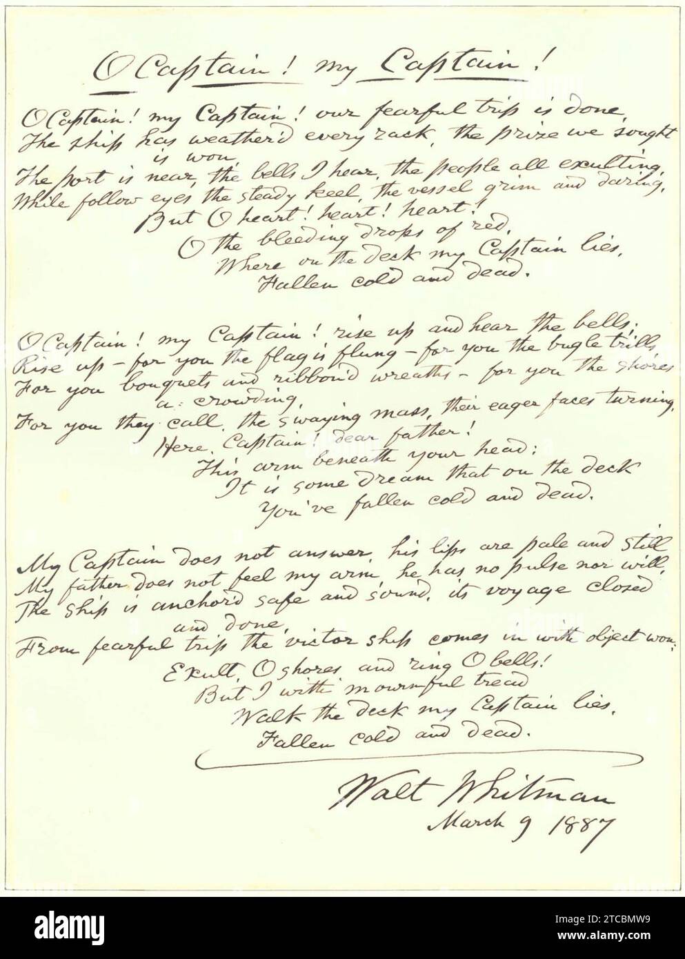 Whitman Poem O Captain My Captain 09MAR1887 handwritten Stock Photo - Alamy
